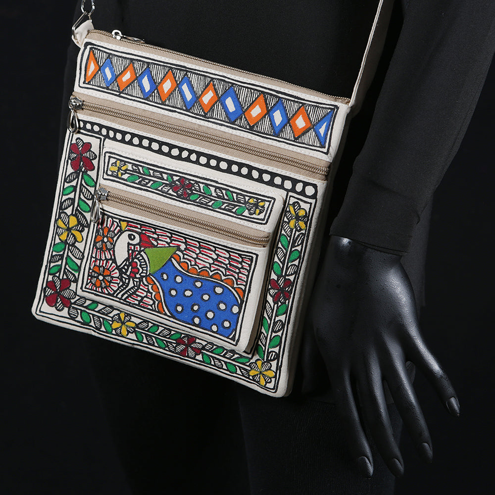 Handpainted Madhubani Ladies Purse / Sling Handbag - Peacock – currypeepal